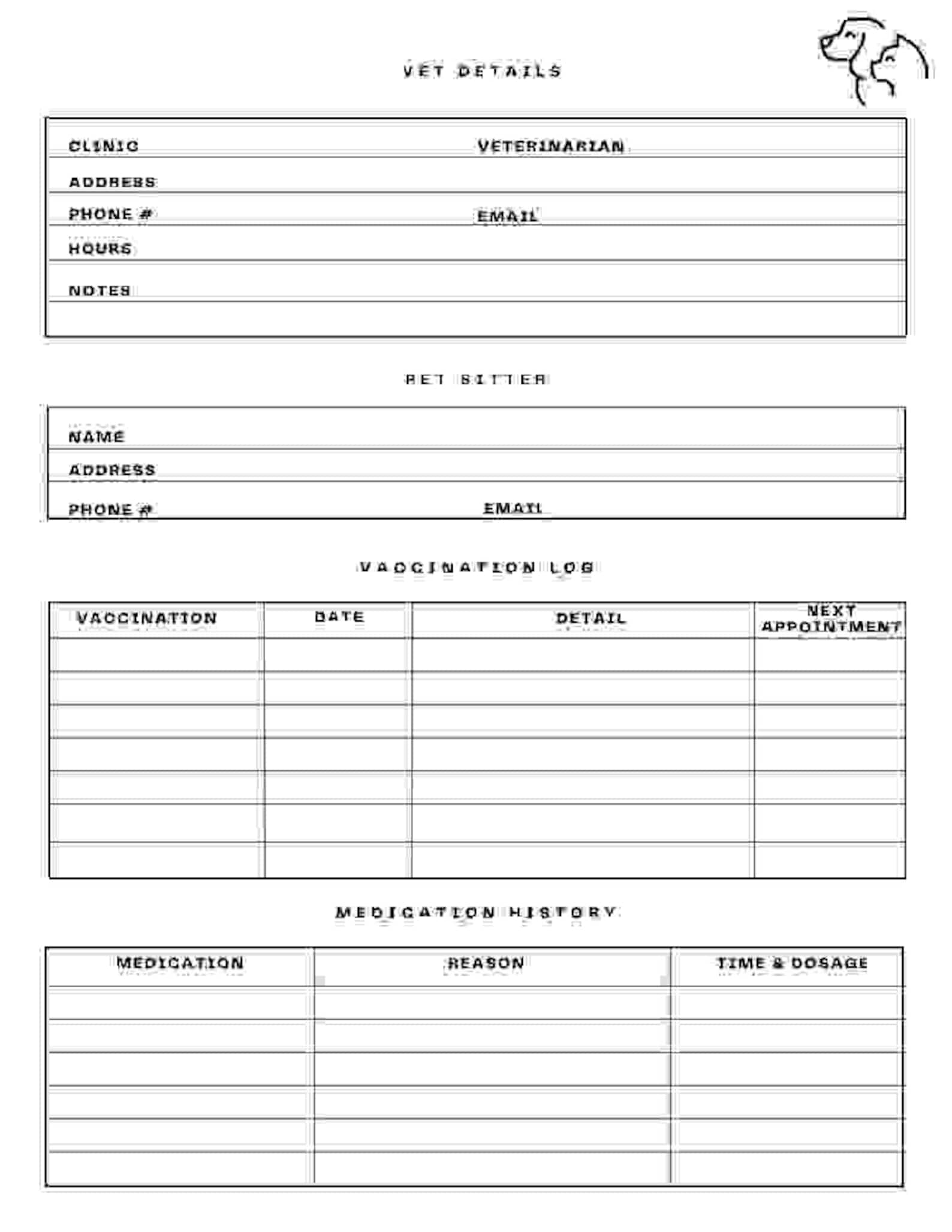 2-page Digital Pet Health Journal Templates. Printable. Pet Sitter ...