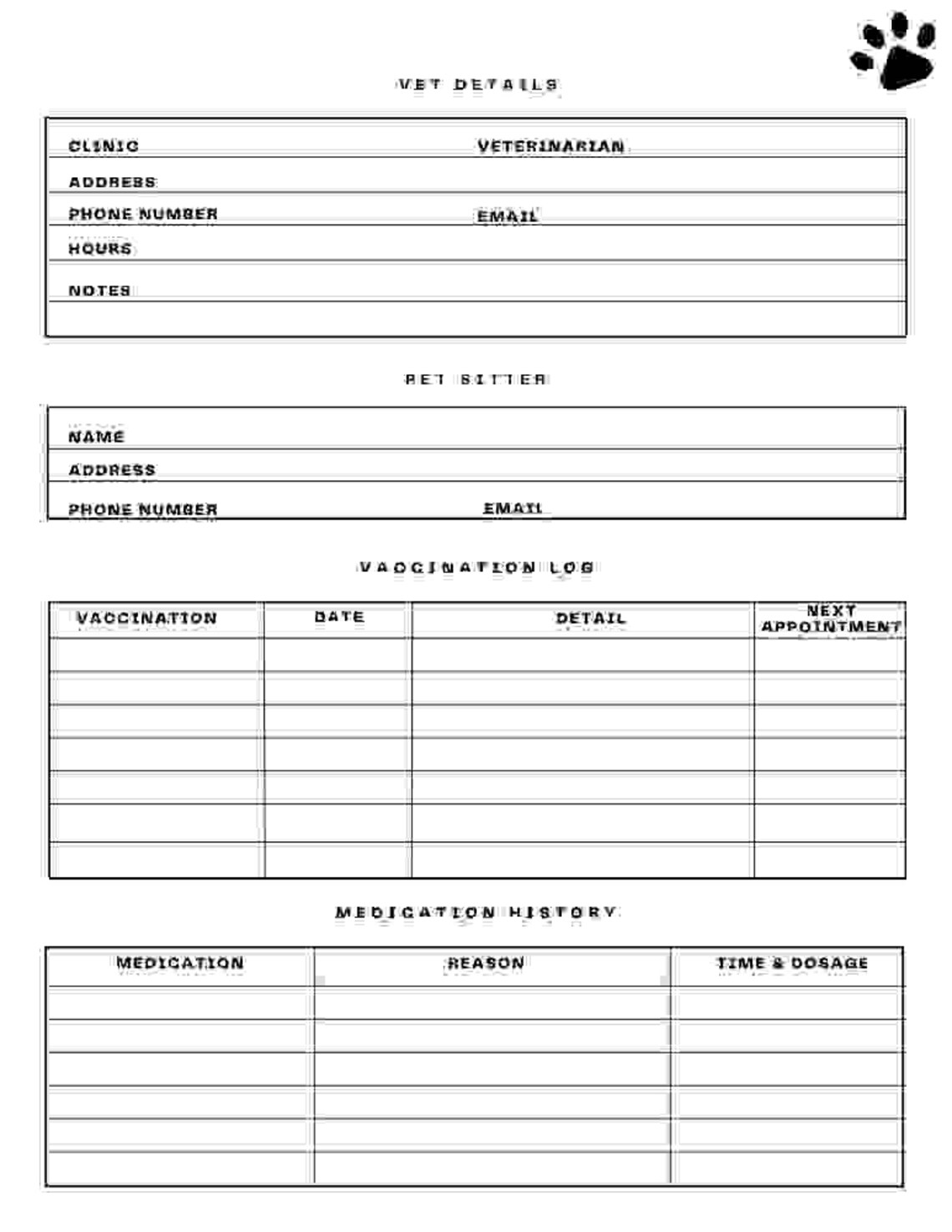 2-page Digital Pet Health Journal Templates. Printable. Pet Sitter ...