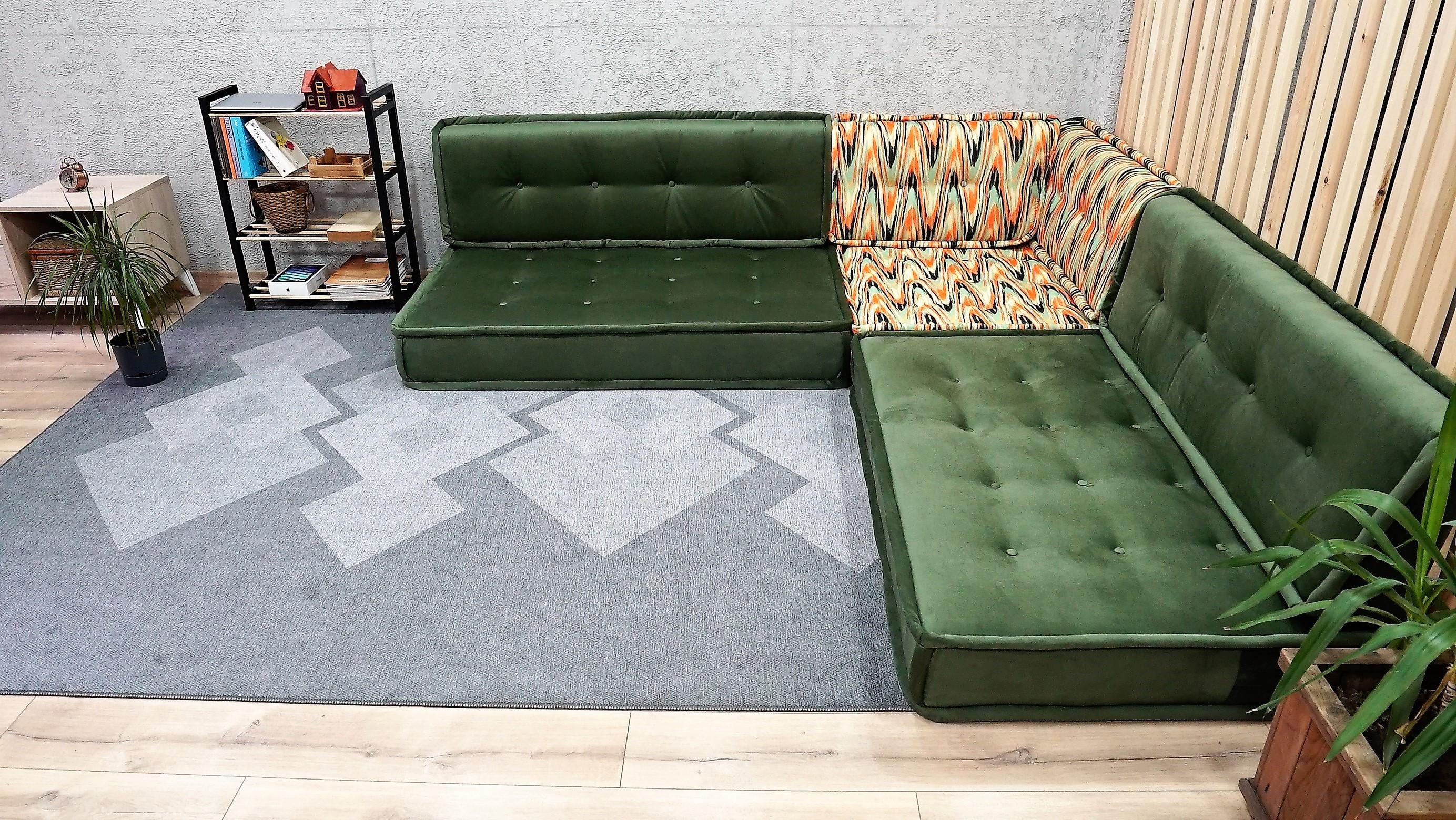 Green Velvet Sofa, L Shaped Floor Seating Sofa Set, Ground Cushion Sofa ...