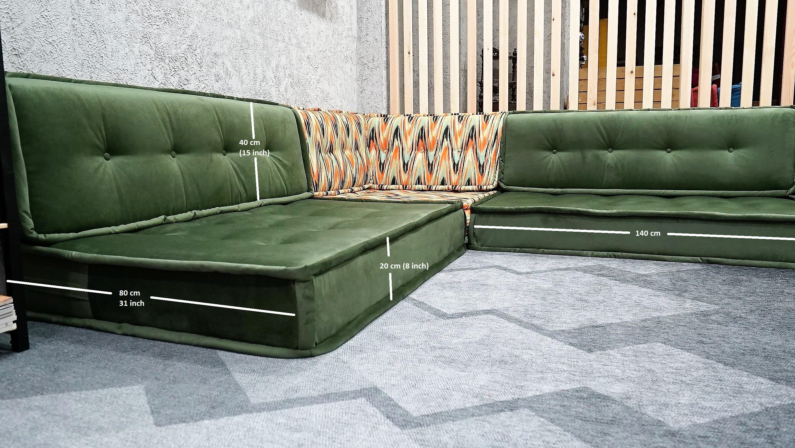Green Velvet Sofa, L Shaped Floor Seating Sofa Set, Ground Cushion Sofa ...
