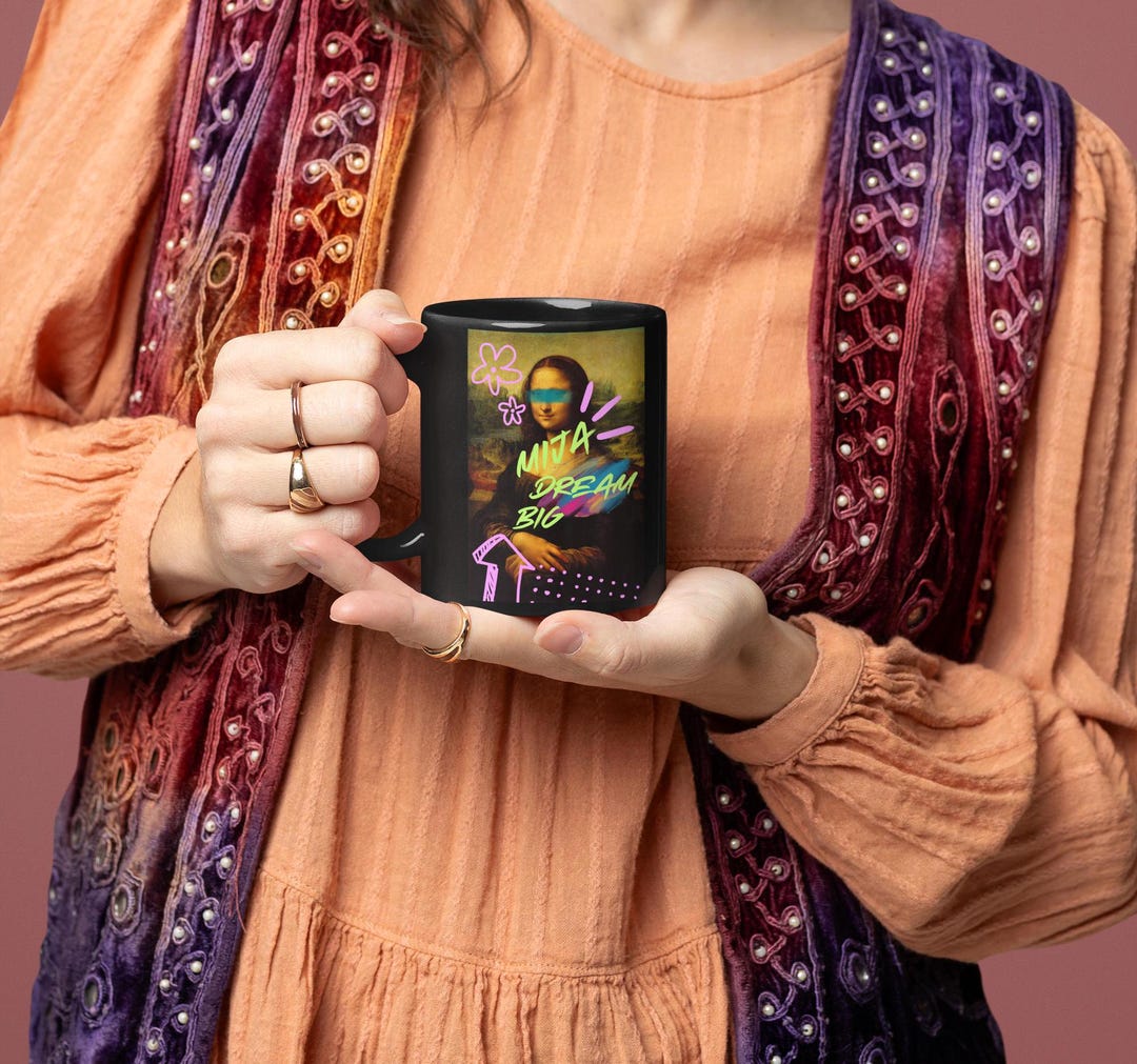 Neon Mona Lisa Black Mug, Mija Dream Big, Mug for Art Teacher, Students ...