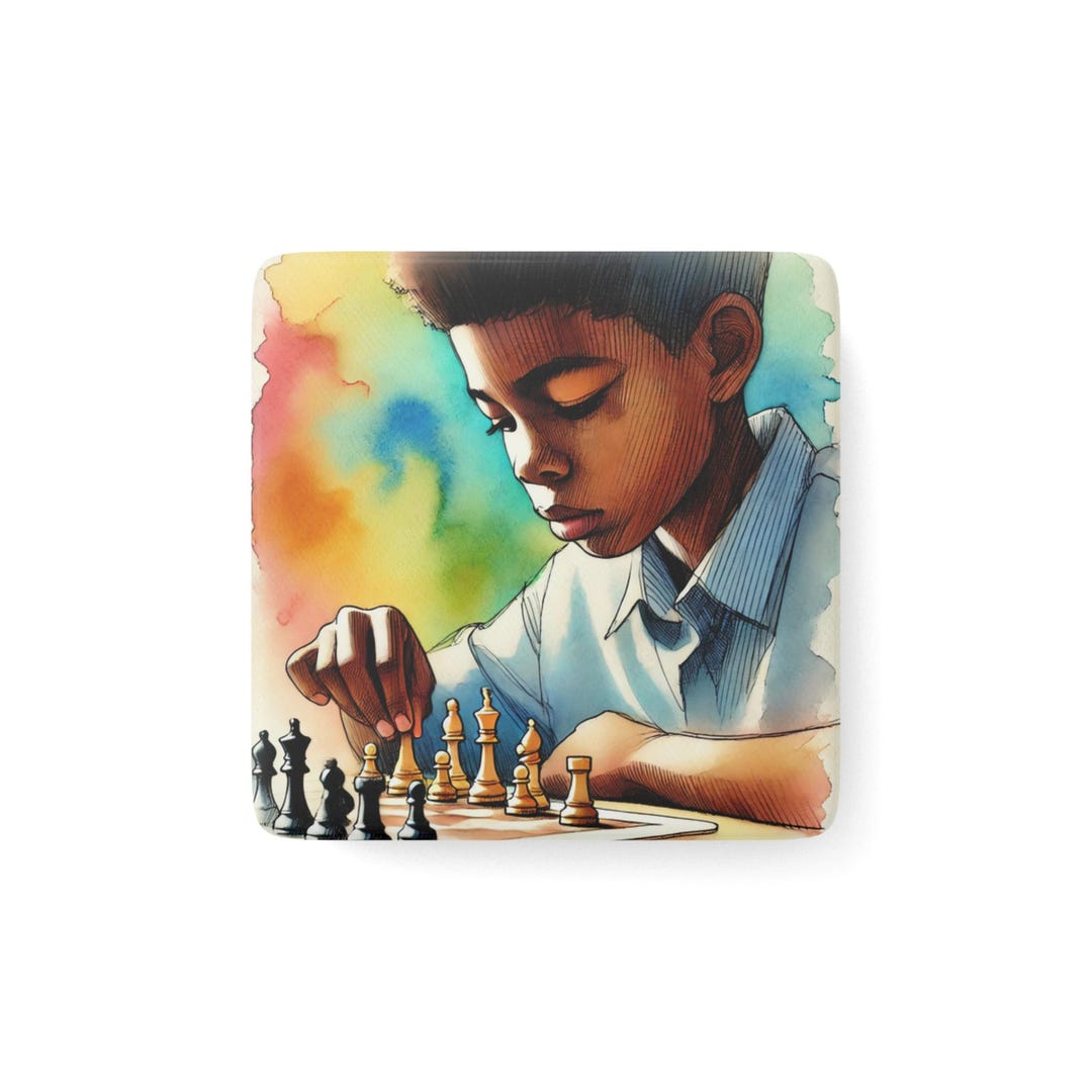 Porcelain Magnet, Square - African American Boy Playing Chess, Fridge ...