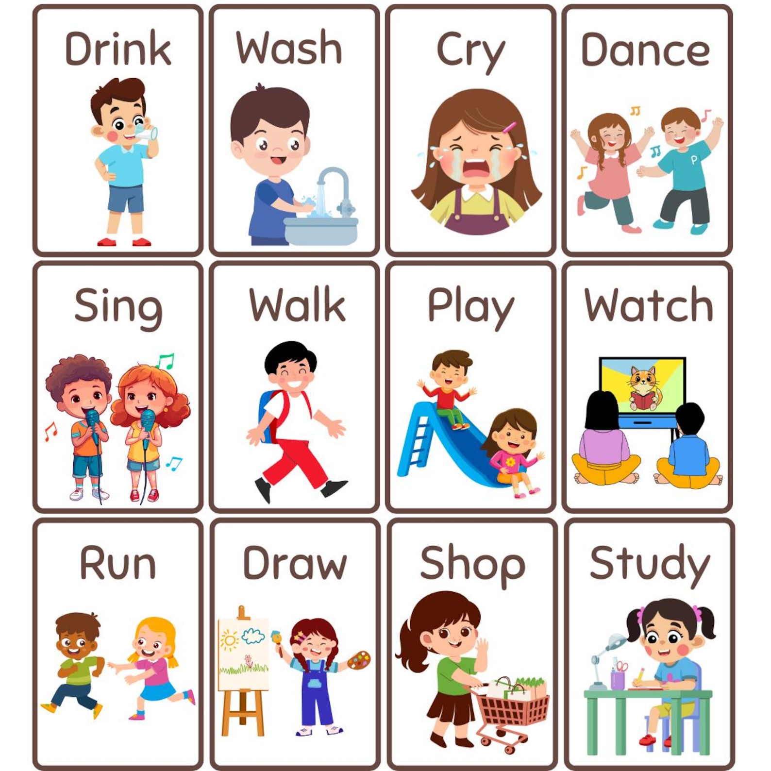 64 Printable Action Verbs Flashcards Speech Therapy ESL Vocabulary ...