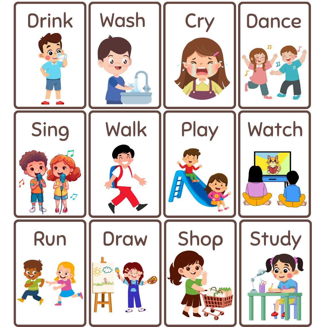 64 Printable Action Verbs Flashcards Speech Therapy ESL Vocabulary ...