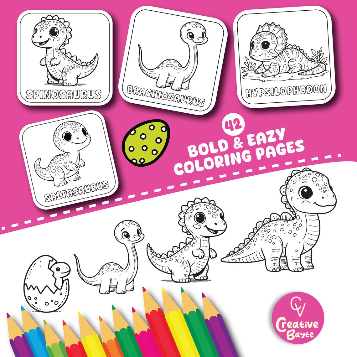 Baby Dinosaur Coloring Pages for Kids & Adults, for Relaxation and ...