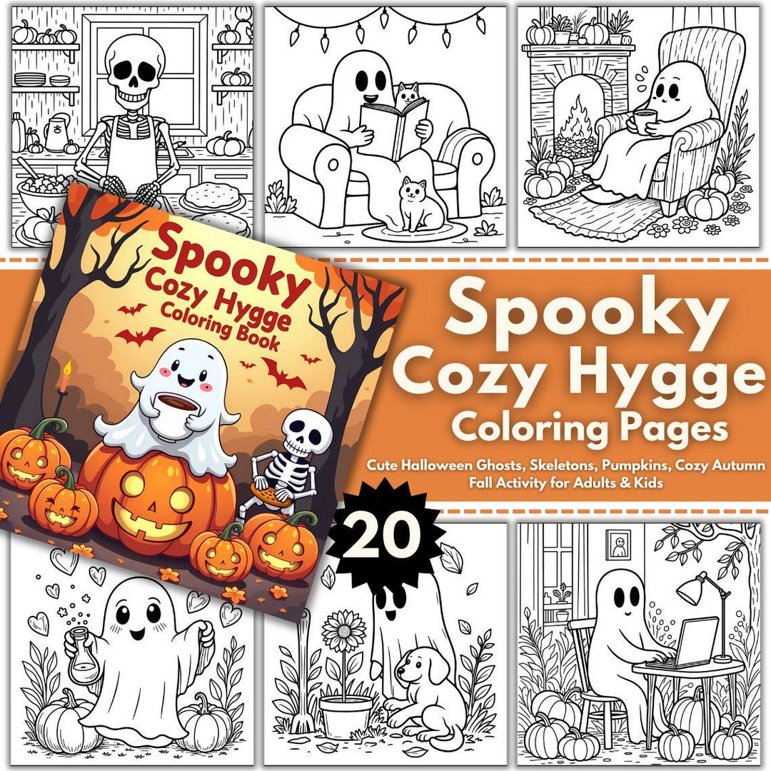 Spooky Cozy Hygge Coloring Pages | Cute Halloween Ghosts, Skeletons ...
