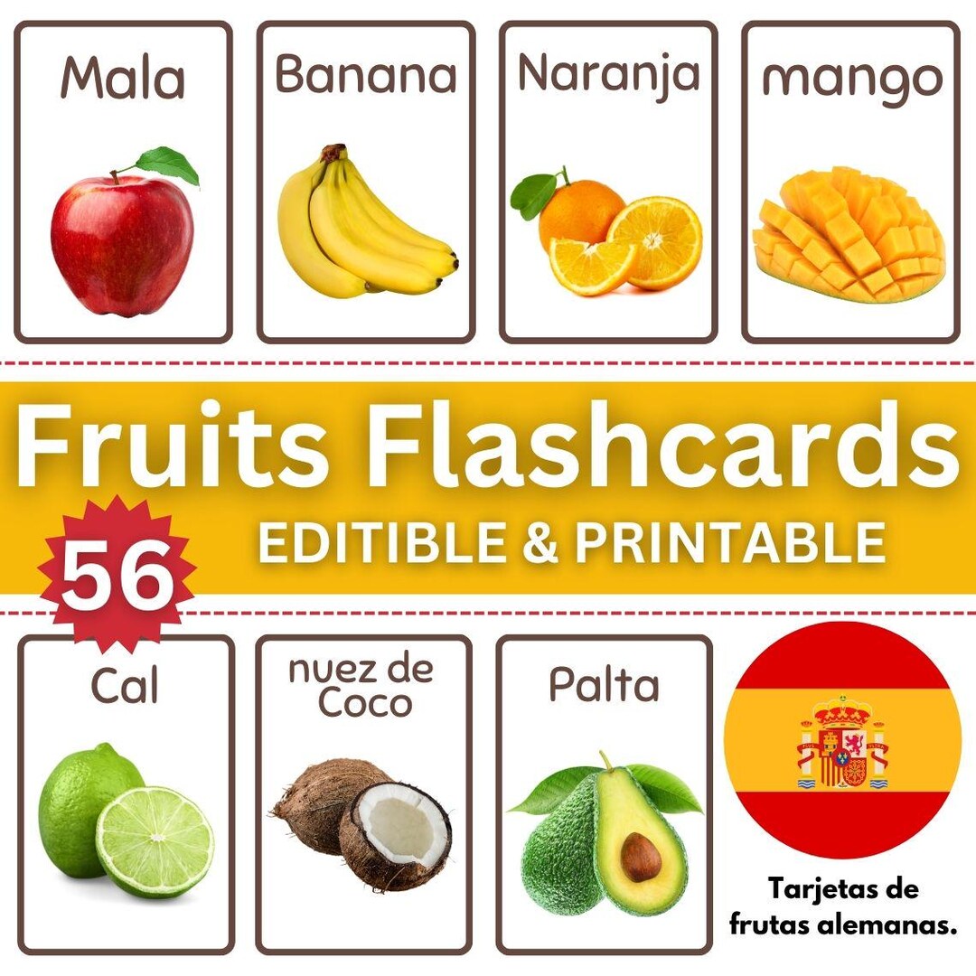 Spanish Flashcard: 56 Printable and Editable Fruits Educational ...