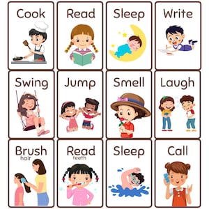 64 Printable Action Verbs Flashcards Speech Therapy ESL Vocabulary ...