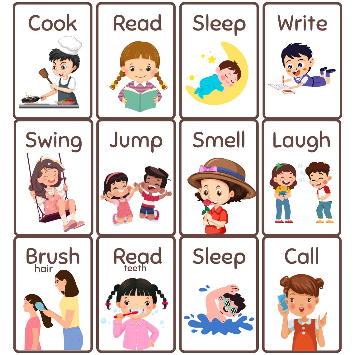 64 Printable Action Verbs Flashcards Speech Therapy ESL Vocabulary ...
