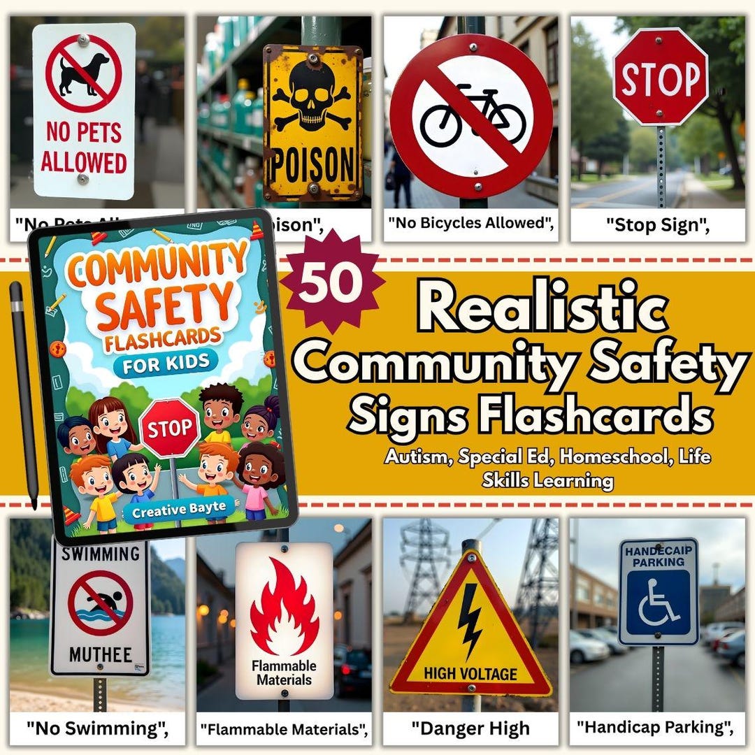 Community Safety Signs Flashcards for Kids | 50 Realistic Safety Symbol ...
