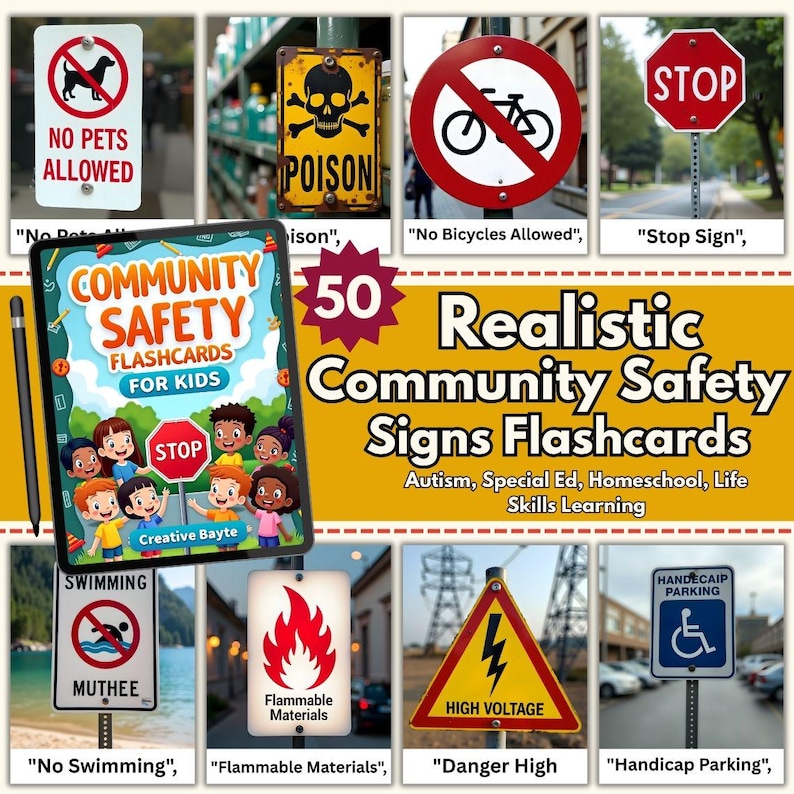 Community Safety Signs Flashcards for Kids | 50 Realistic Safety Symbol ...
