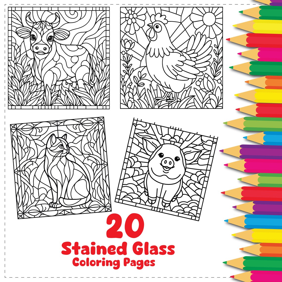 20 Printable Farm Animals Stained Glass Coloring Pages for Youngers and ...