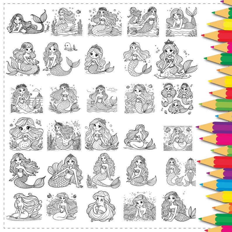 Mermaid Coloring Pages, 50 Mythical Underwater Coloring Sheets (digital ...