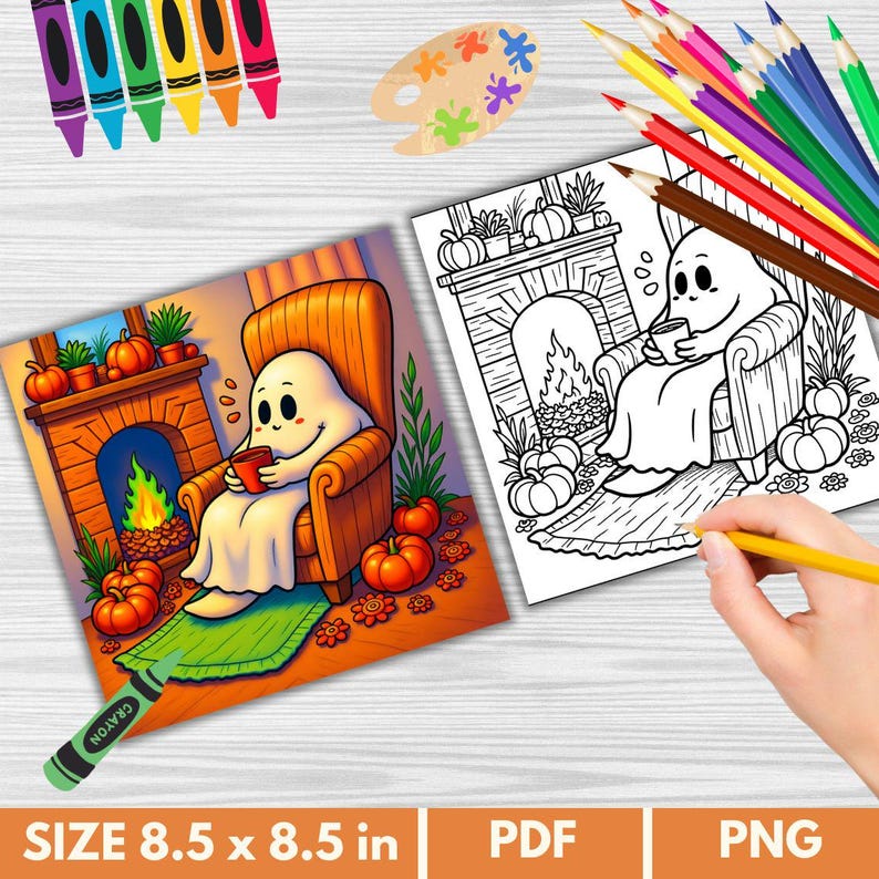 Spooky Cozy Hygge Coloring Pages | Cute Halloween Ghosts, Skeletons ...