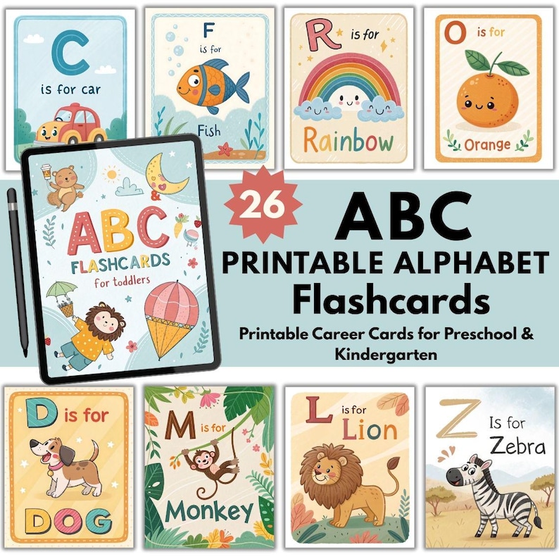Alphabet Flashcards A-Z | ABC Printable Cards With Words & Pictures ...