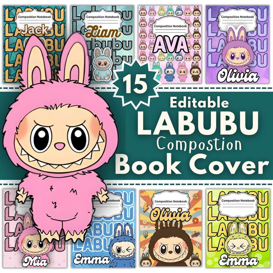 Labubu Custom Name Composition Notebook Covers – 15 Editable Canva ...