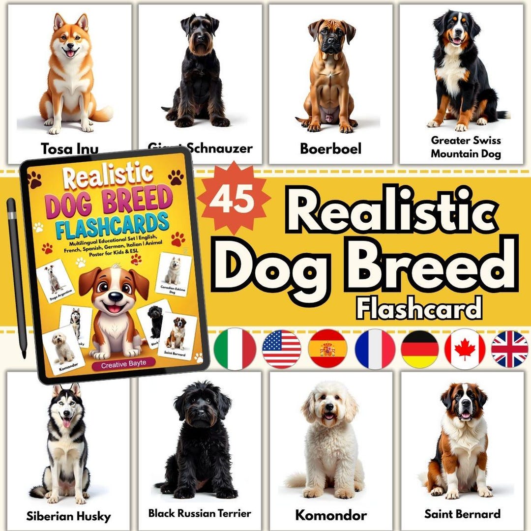 Dog Breed Flashcards: Multilingual Educational Set (PDF & PNG ...
