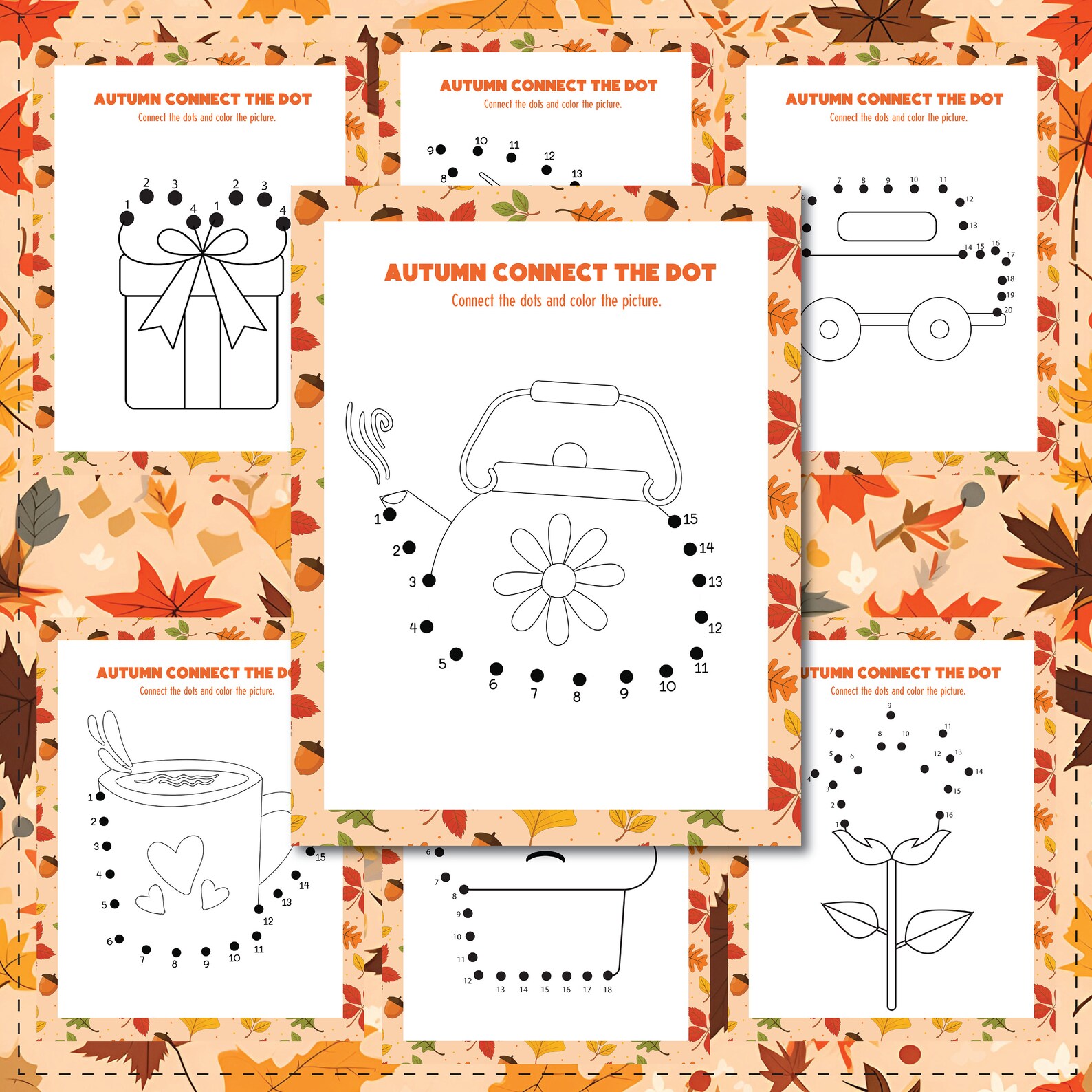 75 Printable Fall Autumn Dot to Dot Worksheet Coloring Book for Kids ...