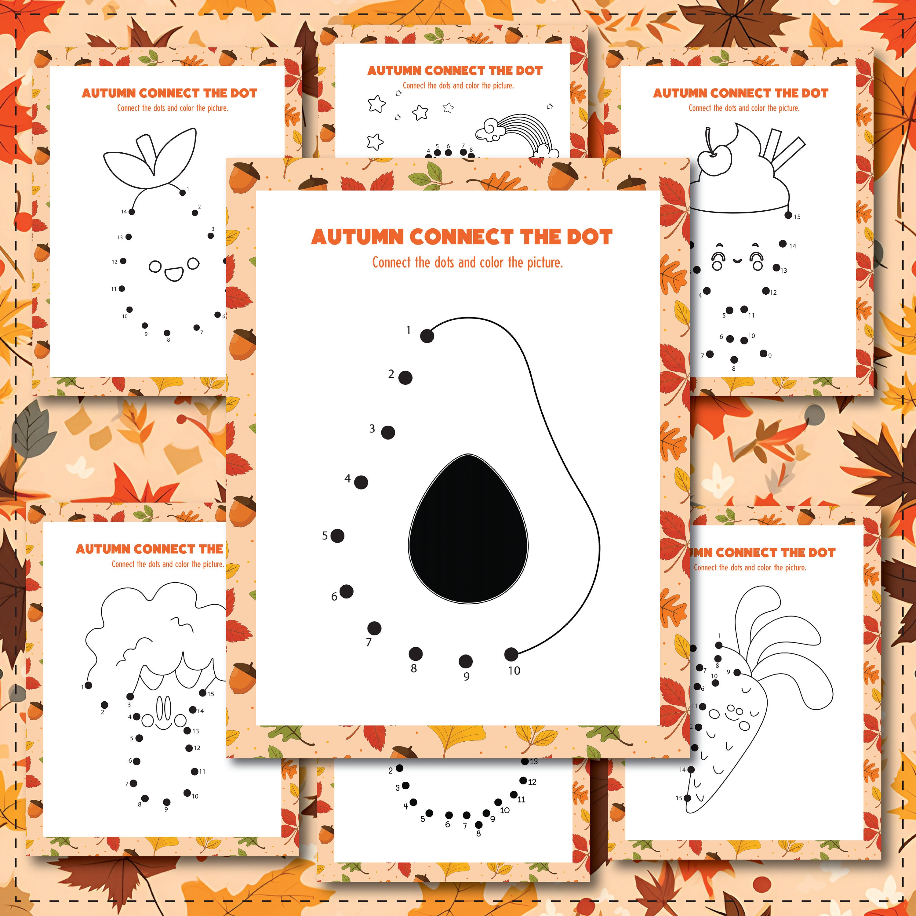 75 Printable Fall Autumn Dot to Dot Worksheet Coloring Book for Kids ...