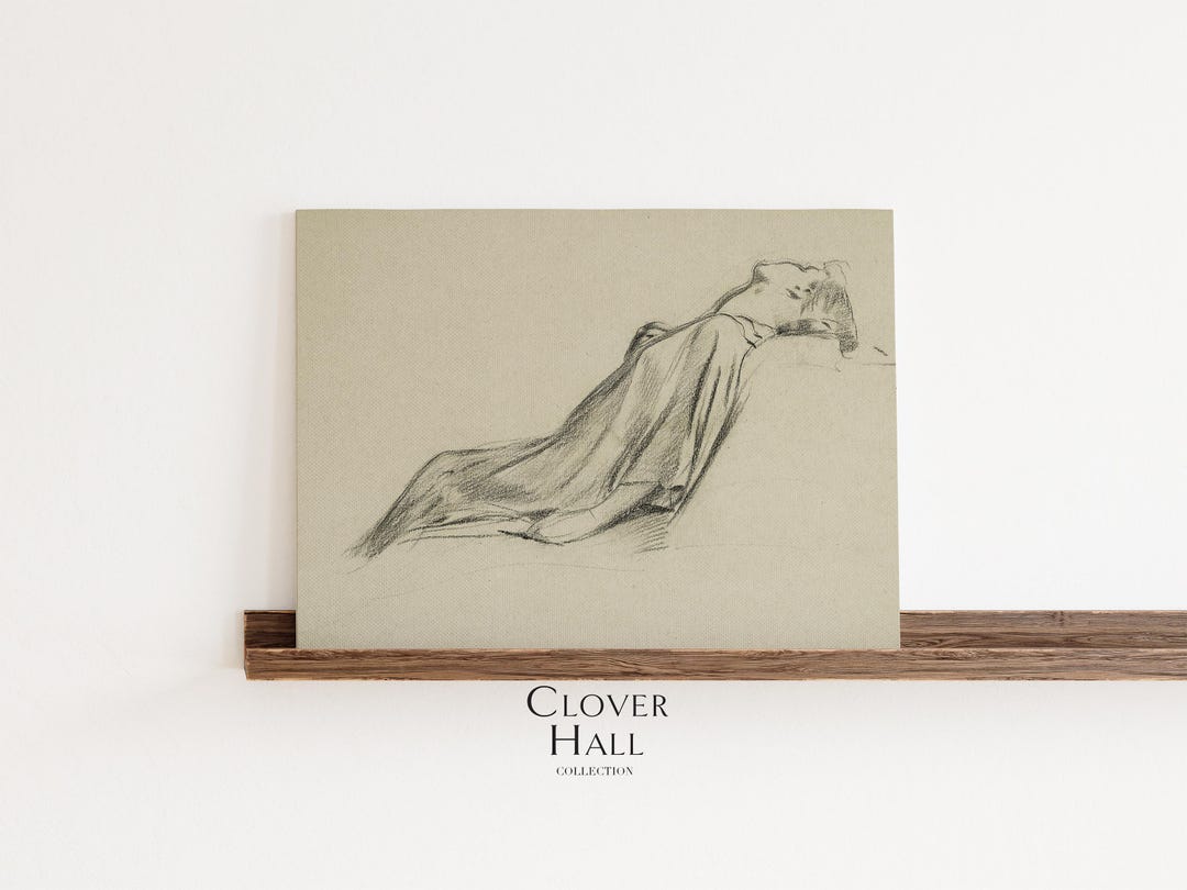 Lounge - Vintage Antique Charcoal Pencil Figure Sketch of a Reclining ...