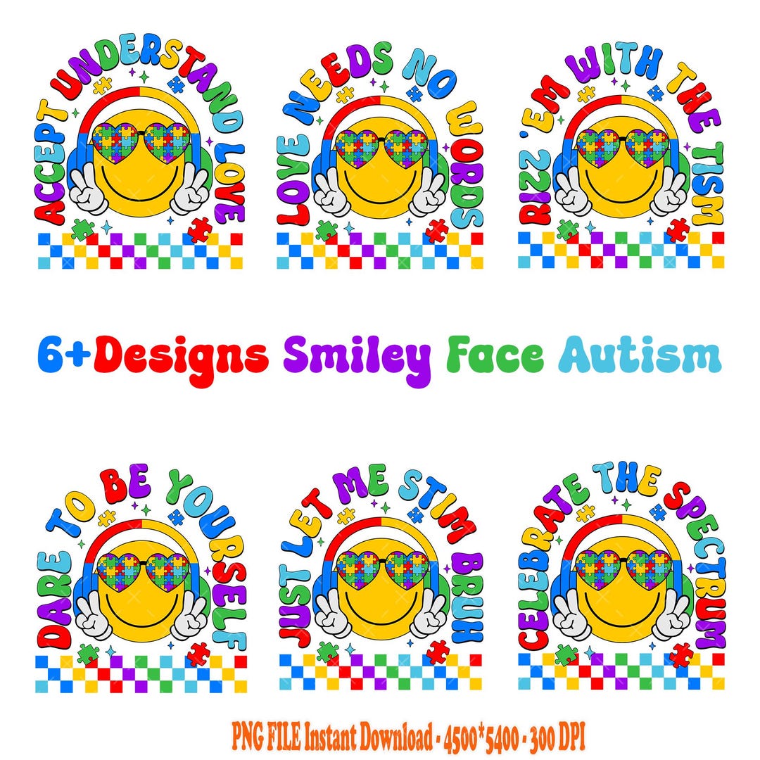 6 Files Smiley Face Autism Bundle Png, Autism Png Bundle, Autism Png ...
