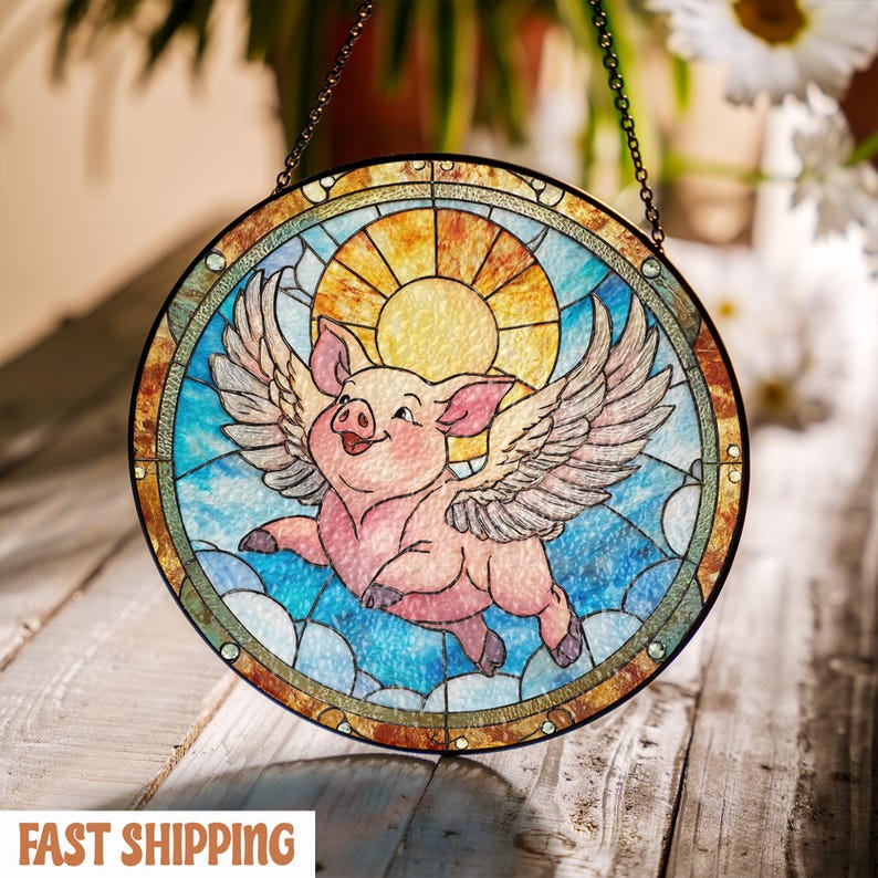 Flying Pig Stained Glass Suncatcher, Whimsical Animal Art, Pig Lover ...
