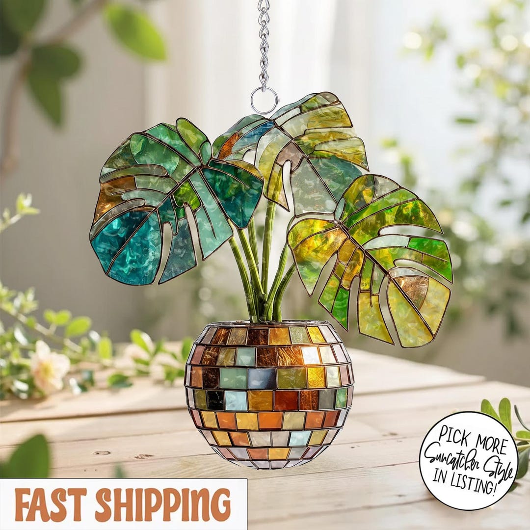Monstera Mosaic Disco Ball ACRYLIC Suncatcher, Planter Hanging, Jungle ...