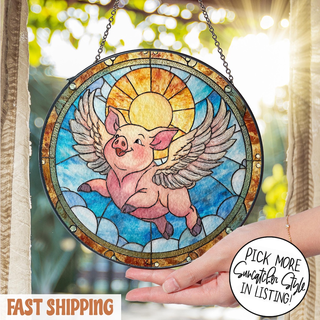 Flying Pig Stained Glass Suncatcher, Whimsical Animal Art, Pig Lover ...