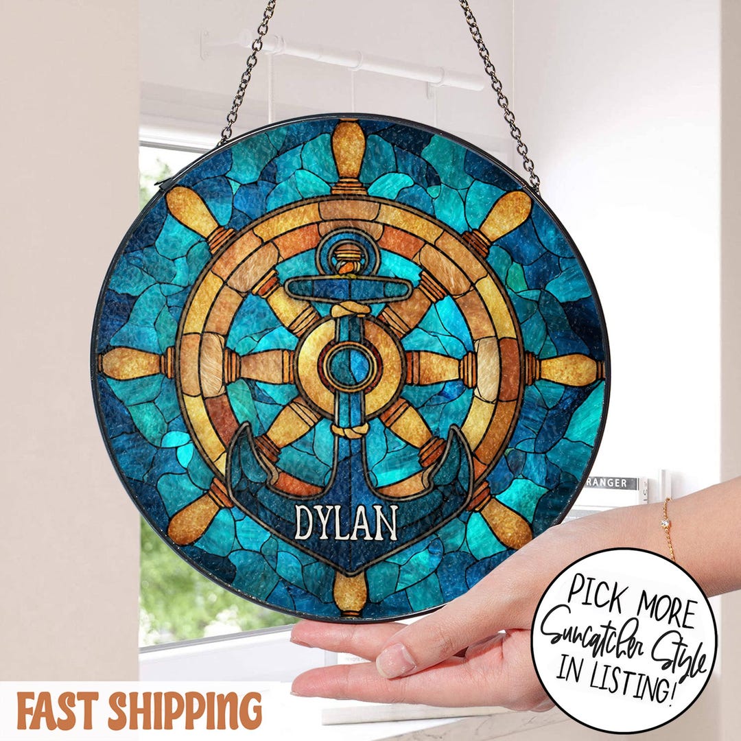 Nautical Stained Glass Suncatcher, Anchor and Ship Wheel Window Hanging ...
