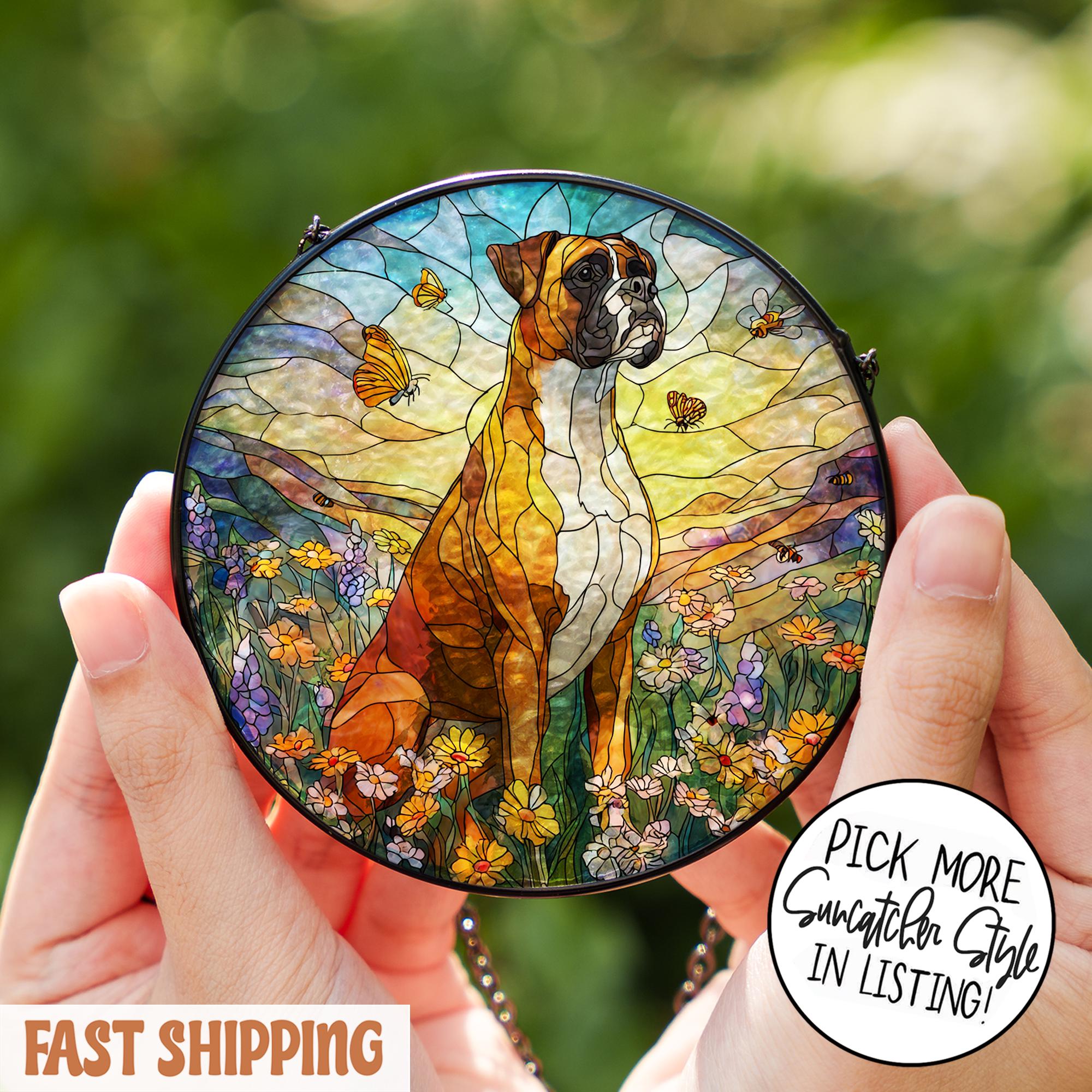 Boxer Dog Stained Glass Suncatcher: Wildflower Dog Memorial Gift, Pet ...
