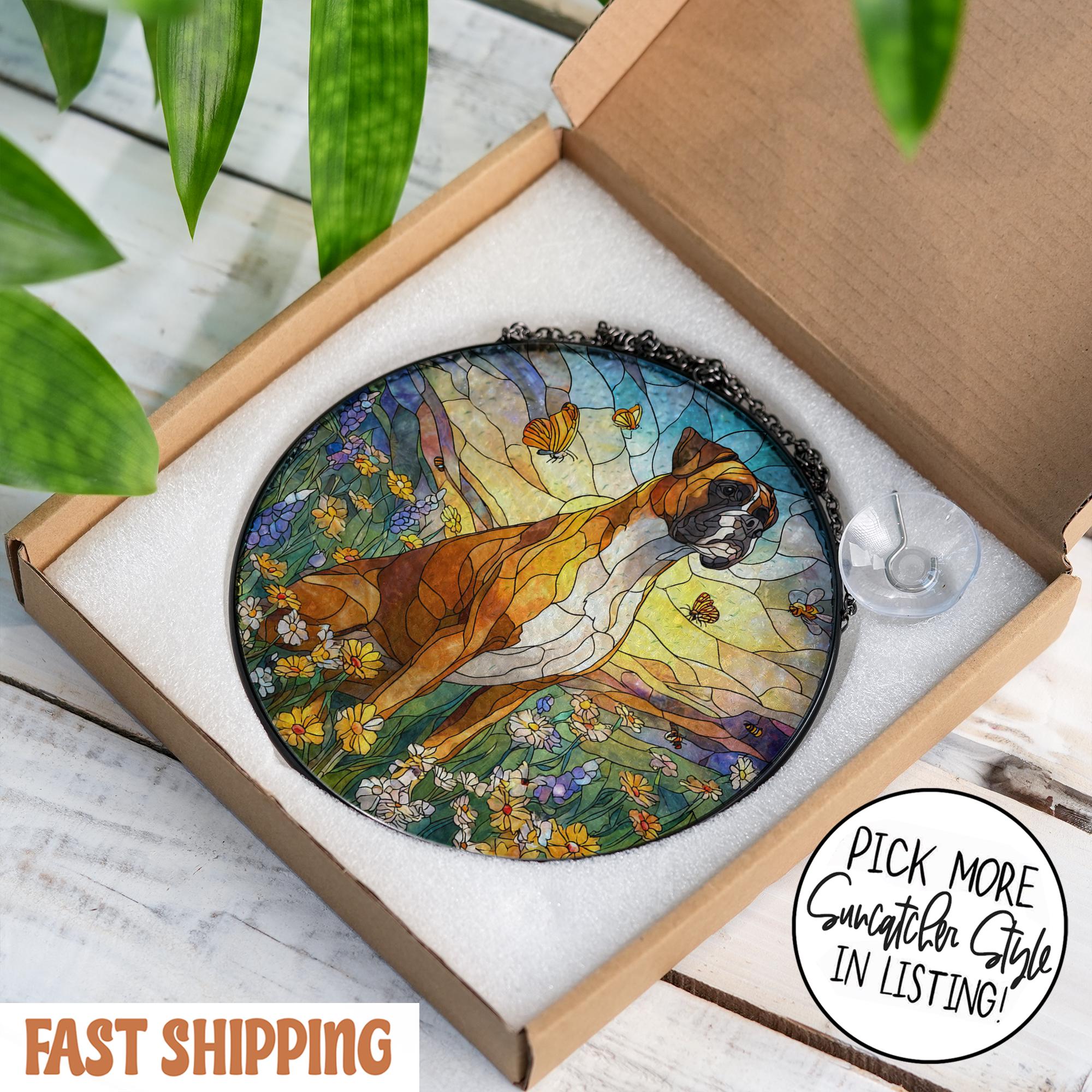 Boxer Dog Stained Glass Suncatcher: Wildflower Dog Memorial Gift, Pet ...