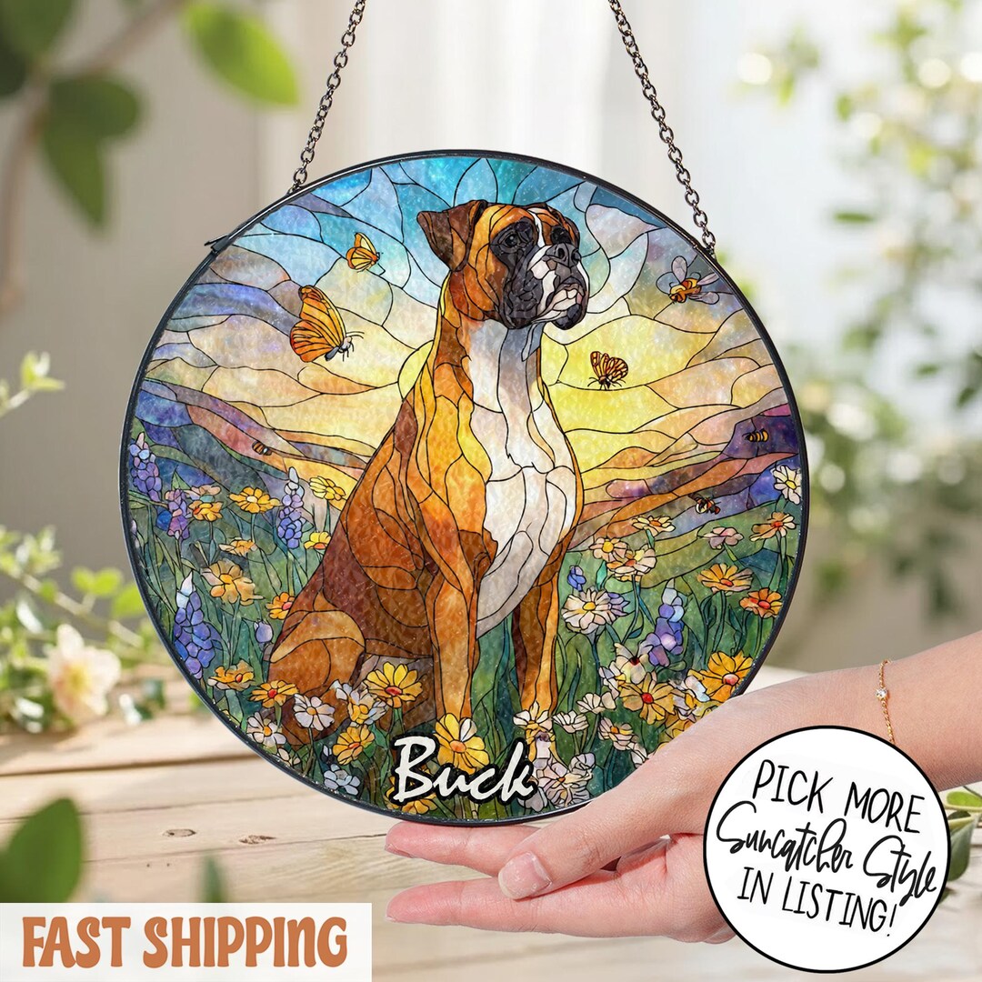 Boxer Dog Stained Glass Suncatcher: Wildflower Dog Memorial Gift, Pet ...