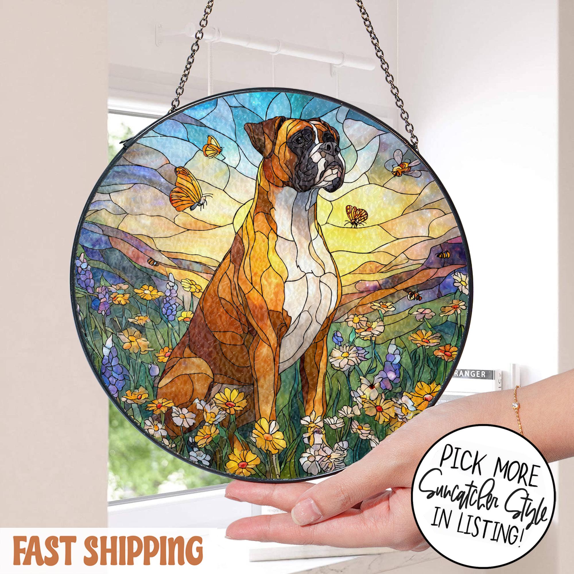 Boxer Dog Stained Glass Suncatcher: Wildflower Dog Memorial Gift, Pet ...
