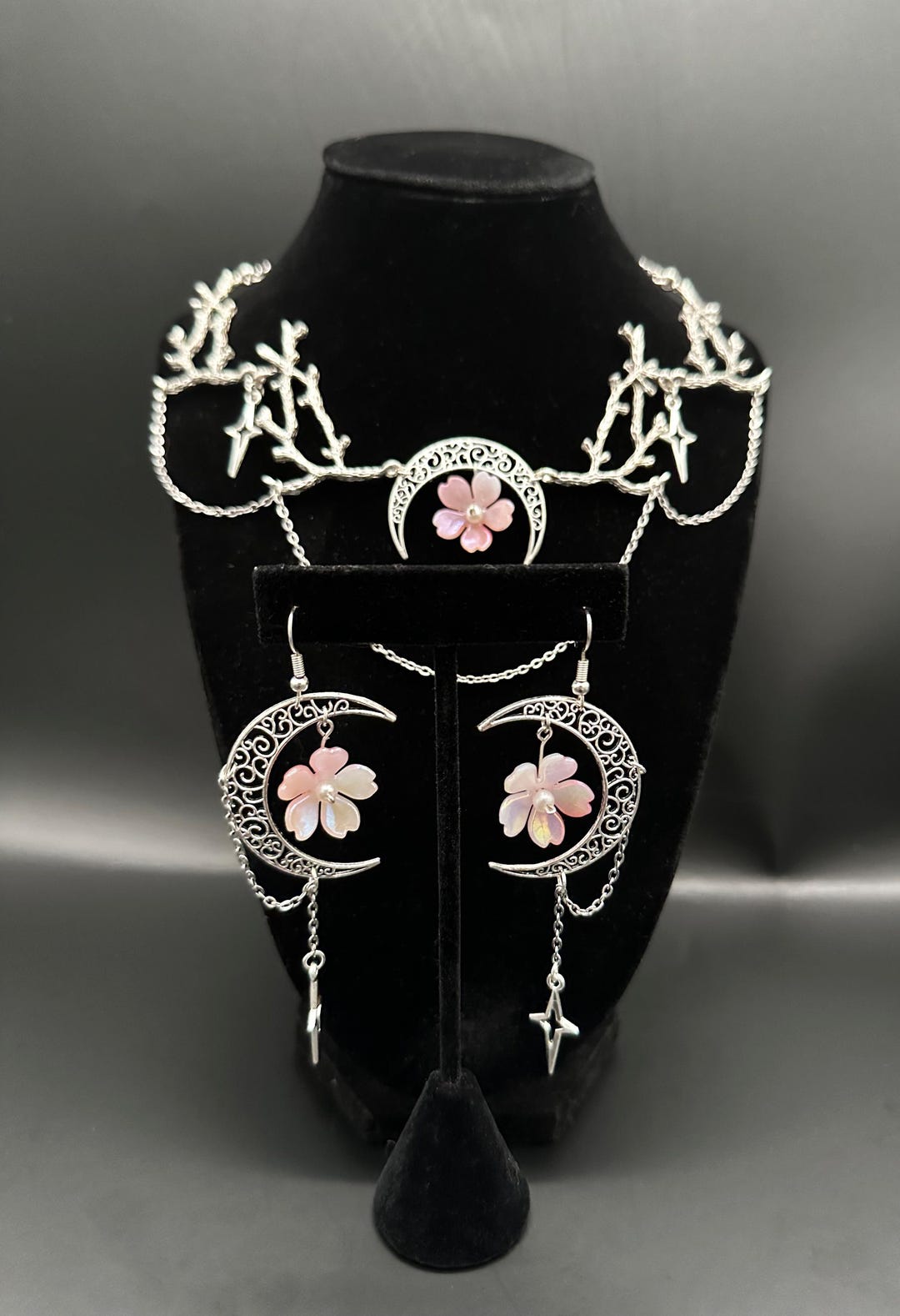 Handmade Silver Chainmail Moon and Flower Necklace Earrings Set: Elven ...