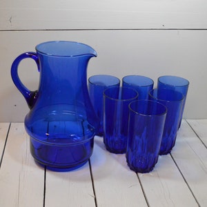 Vintage Luminarc Cobalt Blue Pitcher and Glass Set - Etsy