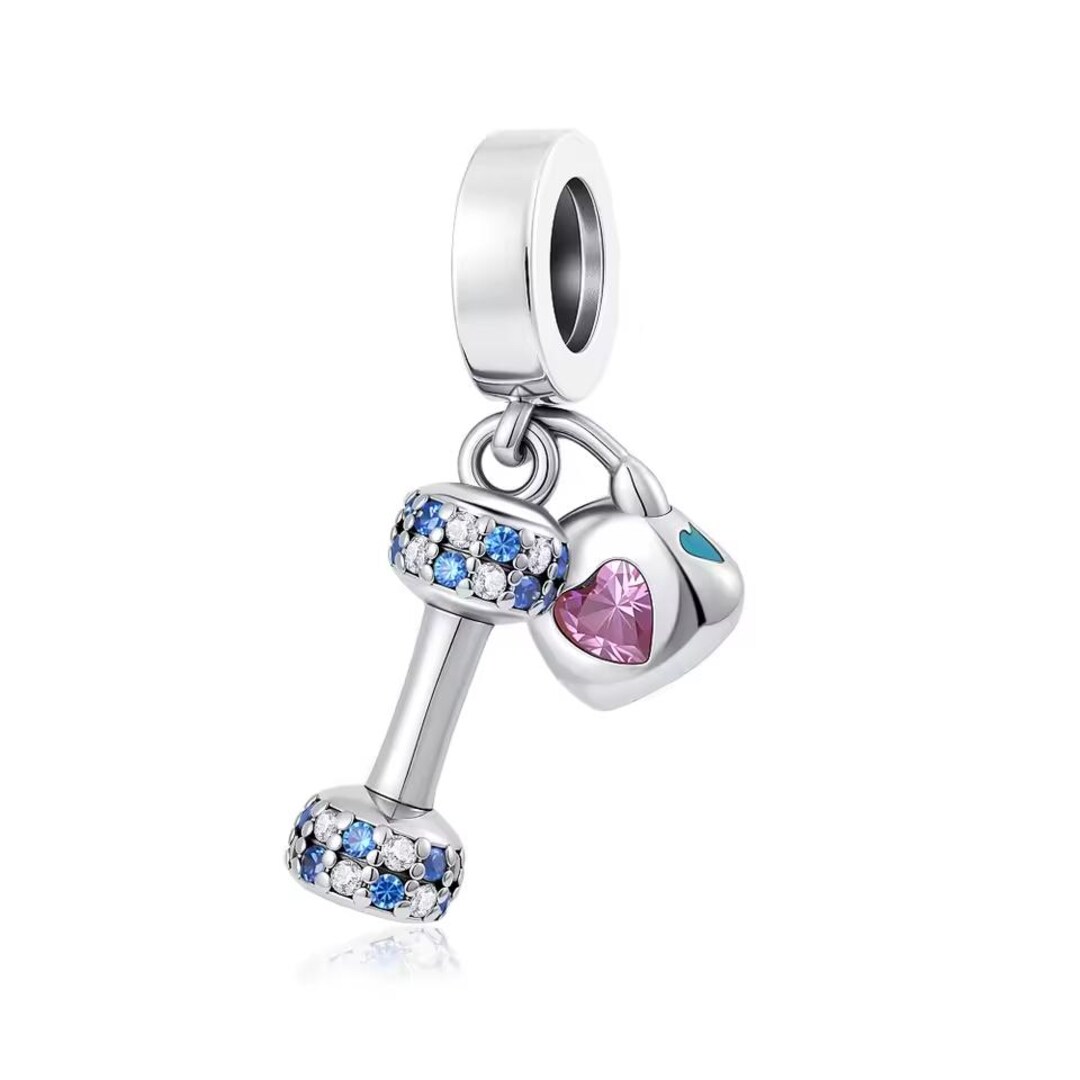 Dumbbell & Weight Gym Dangle Charm Fit Bracelet Necklace, 925 Sterling ...