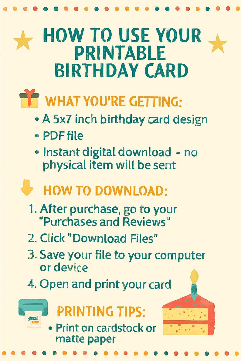 Printable Birthday Card – 5x7 PDF – Instant Download – Festive Cake ...