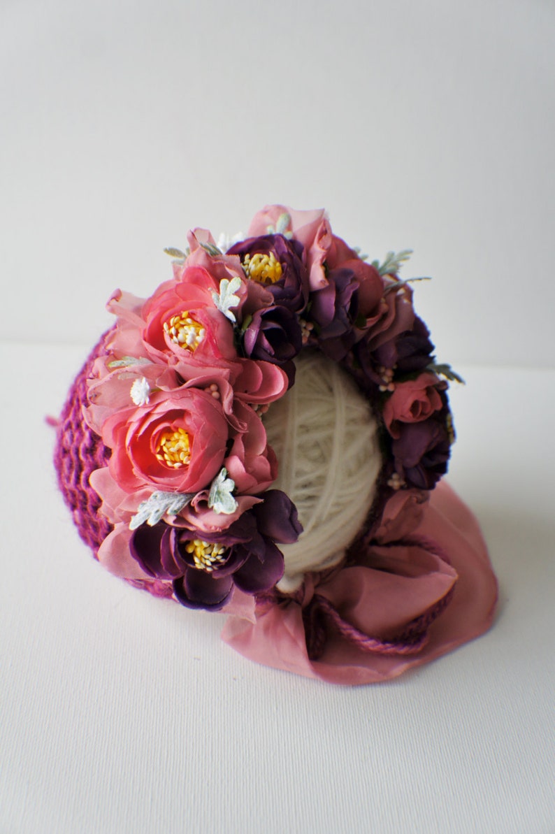 Floral Baby Bonnet: Knit Flower Garden Hat, Newborn Photo Prop - Etsy