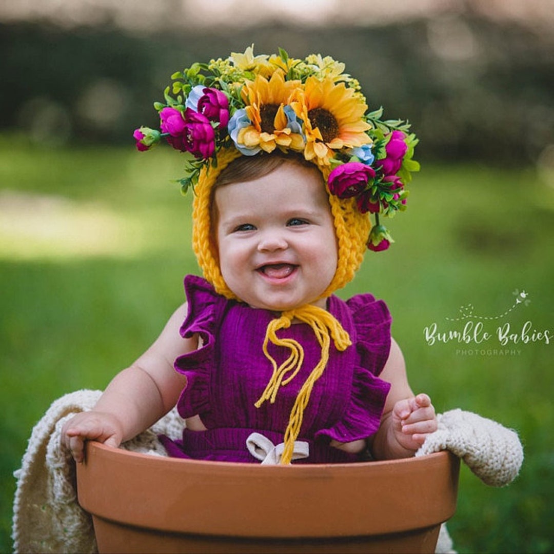 Flower Bonnet, Baby Hat, Garden Bonnet, Sunflower Bonnet, Floral Bonnet ...