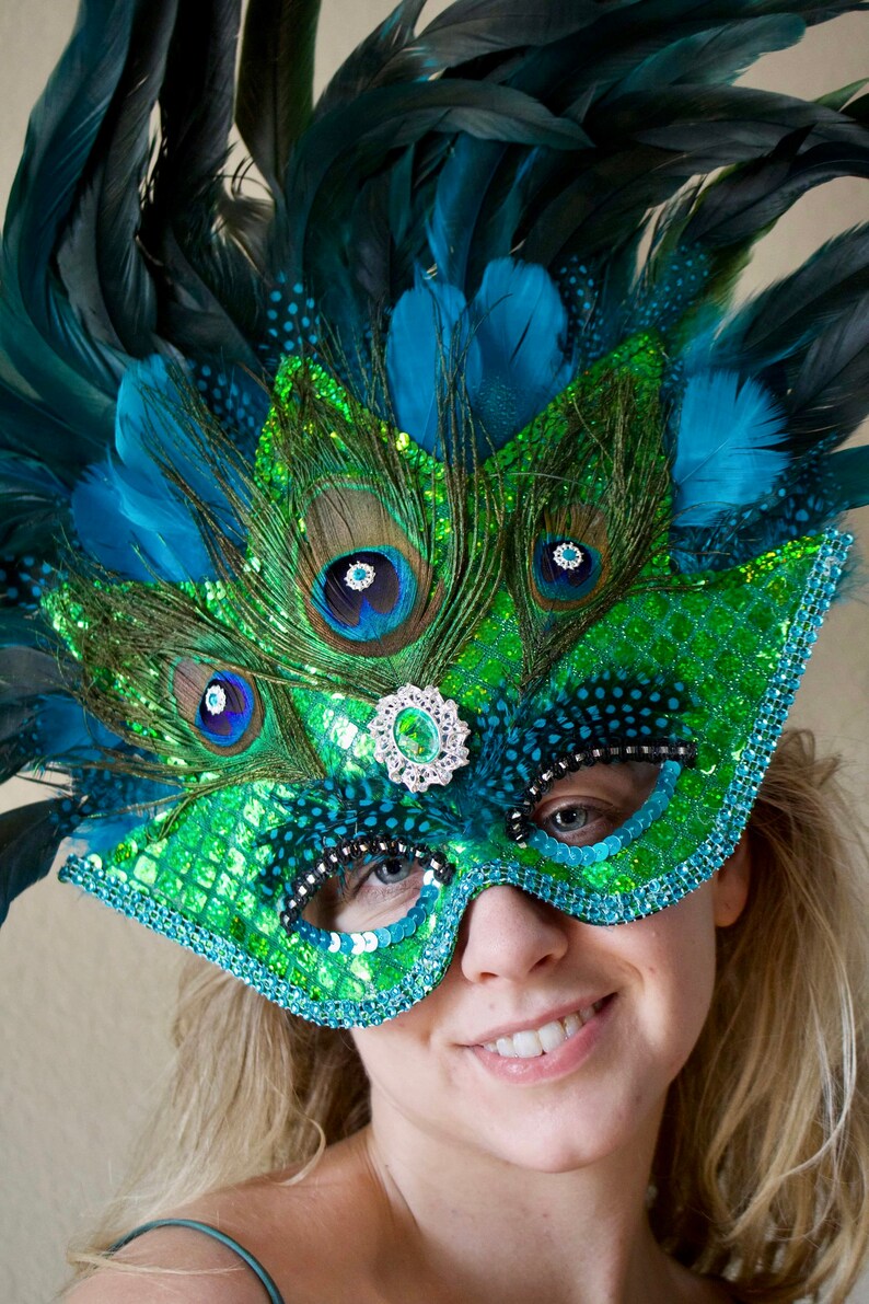 Fabulous Peacock Feather Feather Mask Headdress in Teal - Etsy