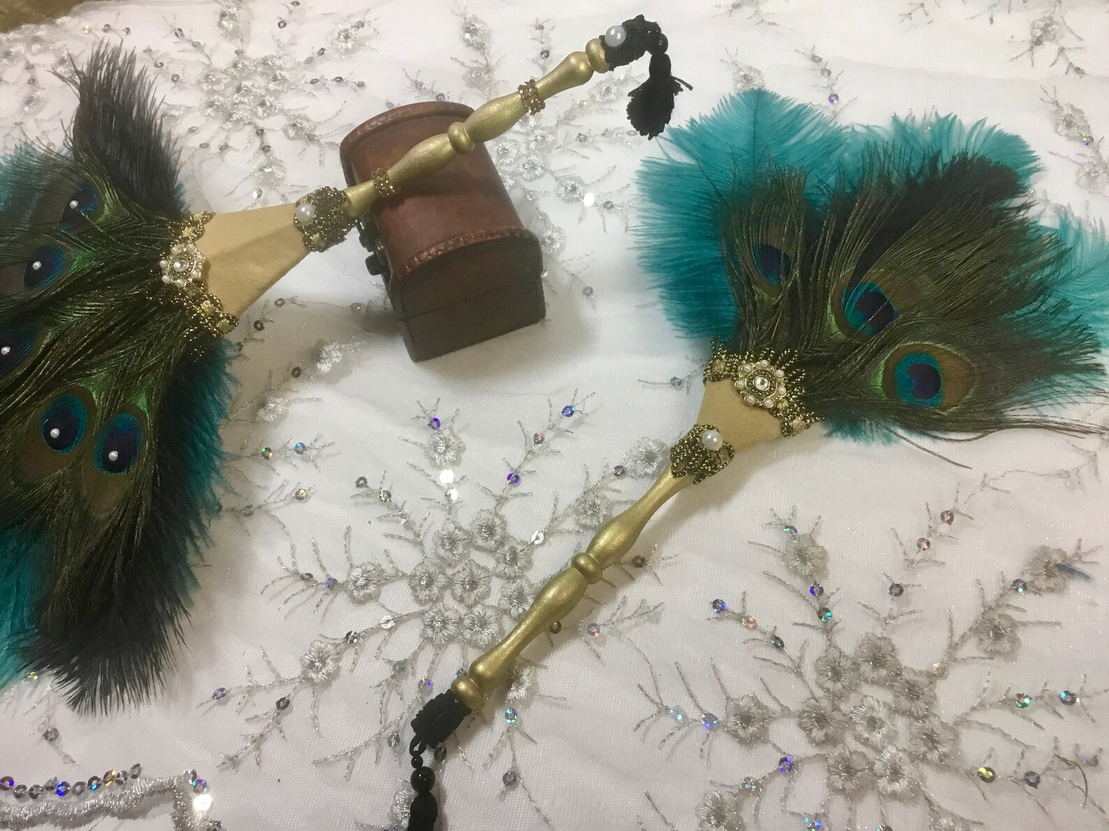 Romantic Rococo Peacock Gold Teal Black Feather Wedding Fan | Etsy
