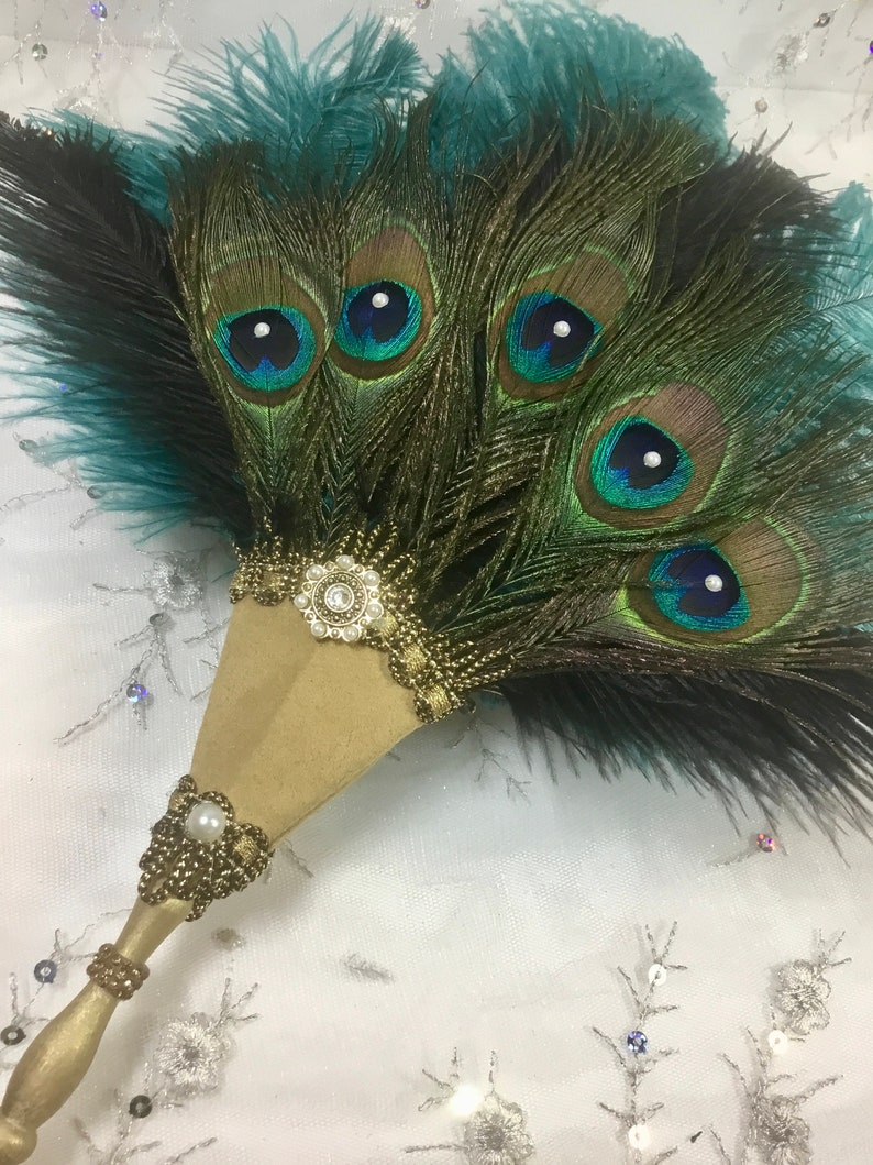 Romantic Rococo Peacock Gold Teal Black Feather Wedding Fan | Etsy