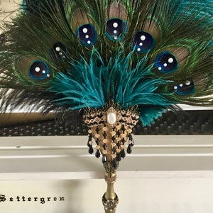 Romantic Rococo Peacock Gold Teal Black Feather Wedding Fan With Gold ...