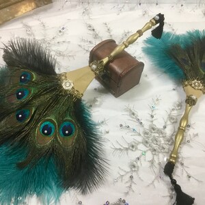 Romantic Rococo Peacock Gold Teal Black Feather Wedding Fan With Gold ...