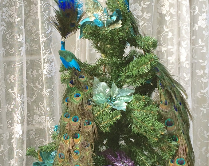 Peacock Tree Topper, Peacock Feathers, Peacock Print Ribbons, Gold ...