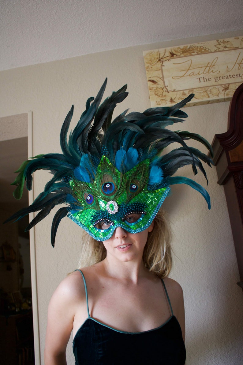Fabulous Peacock Feather Feather Mask Headdress in Teal - Etsy