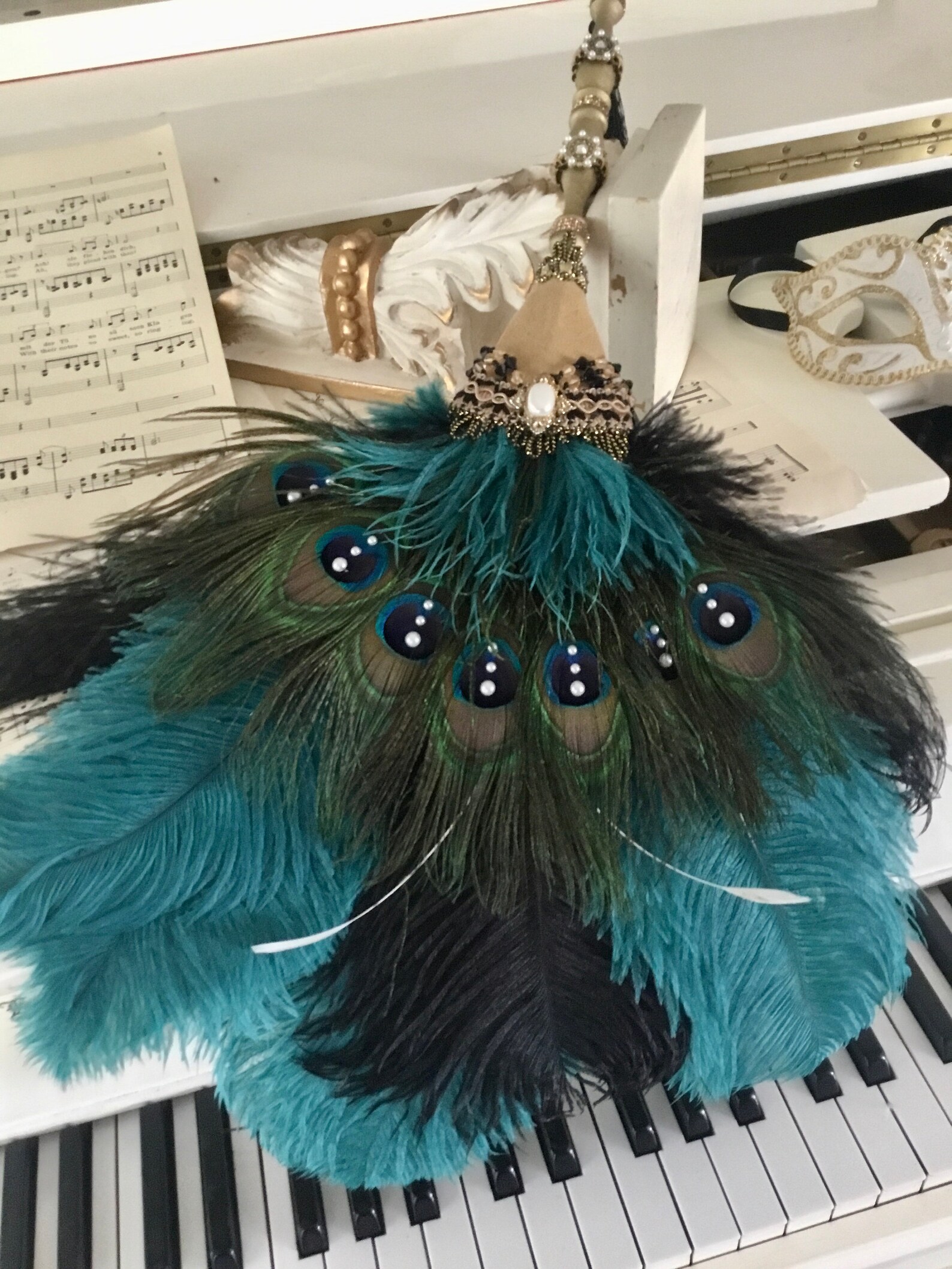 Romantic Rococo Peacock Gold Teal Black Feather Wedding Fan | Etsy
