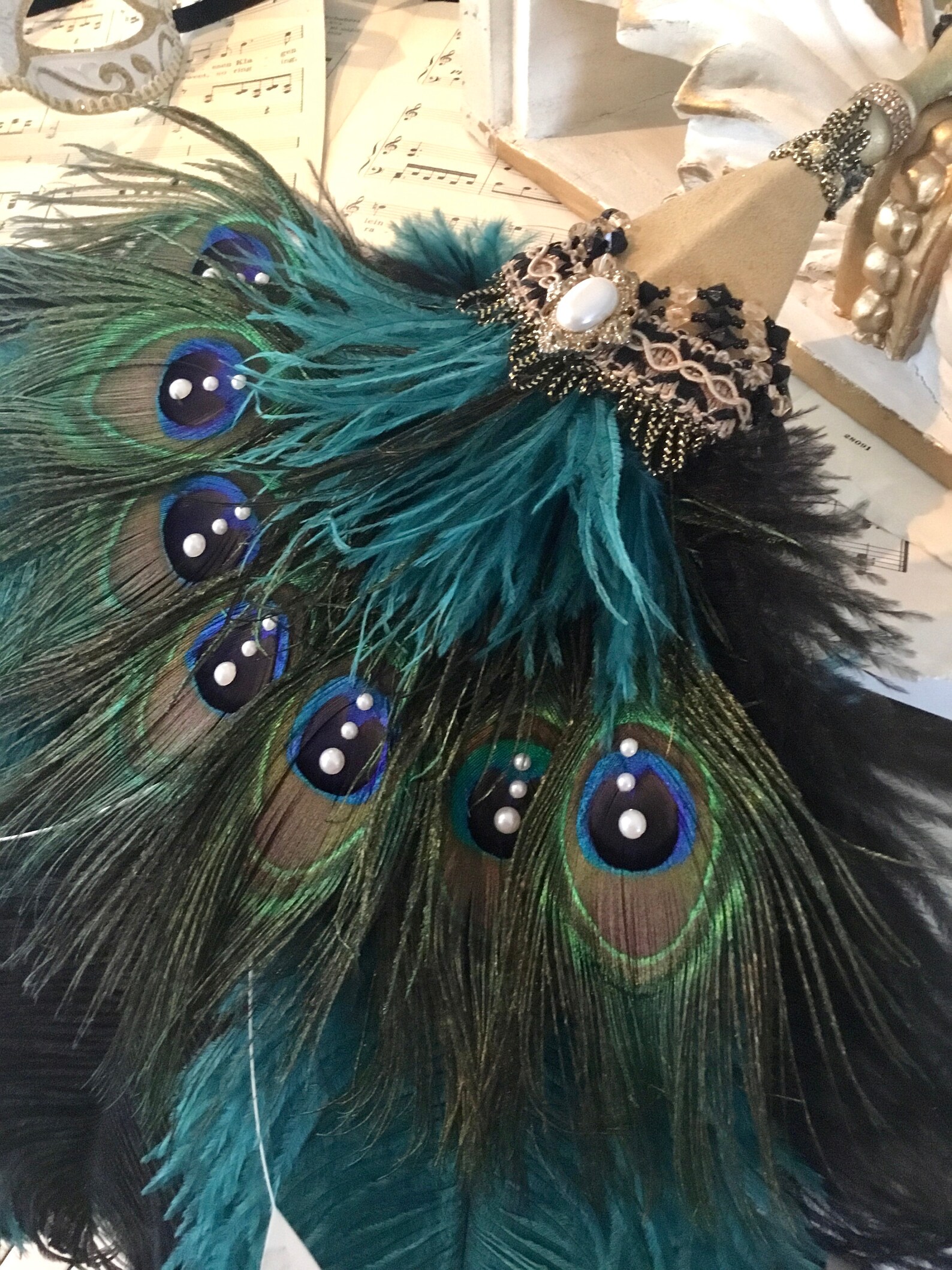 Romantic Rococo Peacock Gold Teal Black Feather Wedding Fan | Etsy