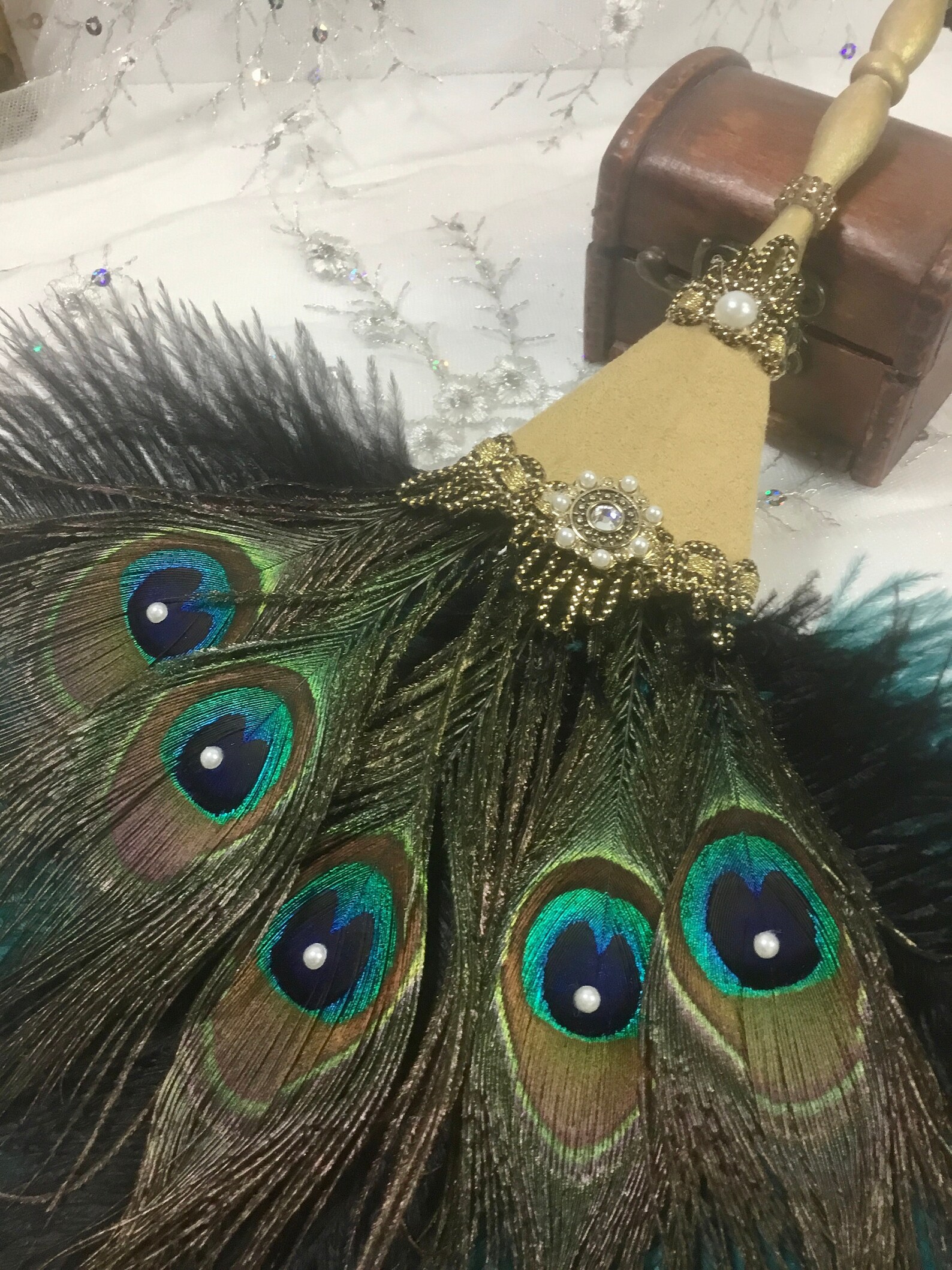Romantic Rococo Peacock Gold Teal Black Feather Wedding Fan | Etsy