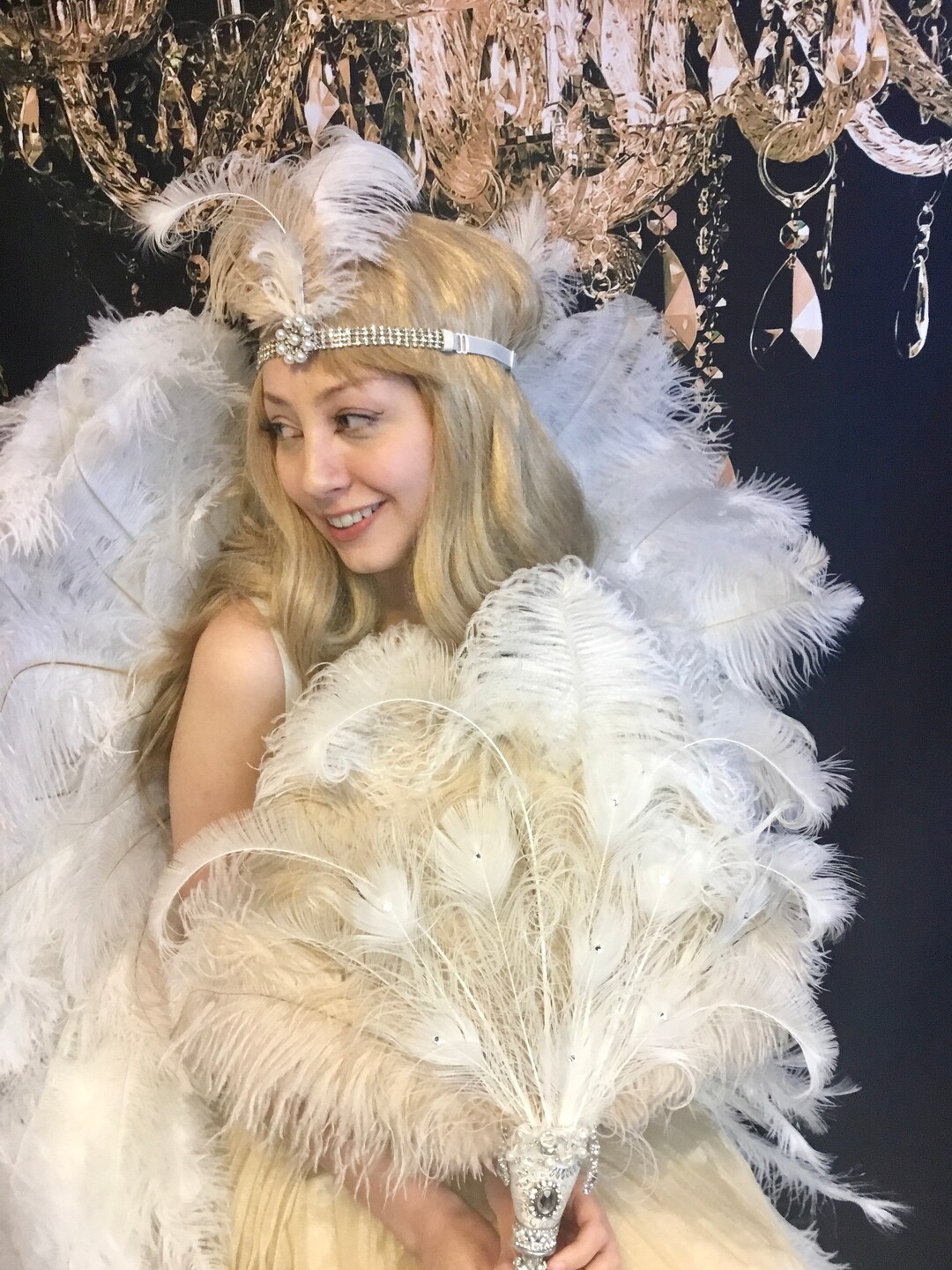 Romantic Rococo White Peacock Feather Wedding Fan With Elaborate ...